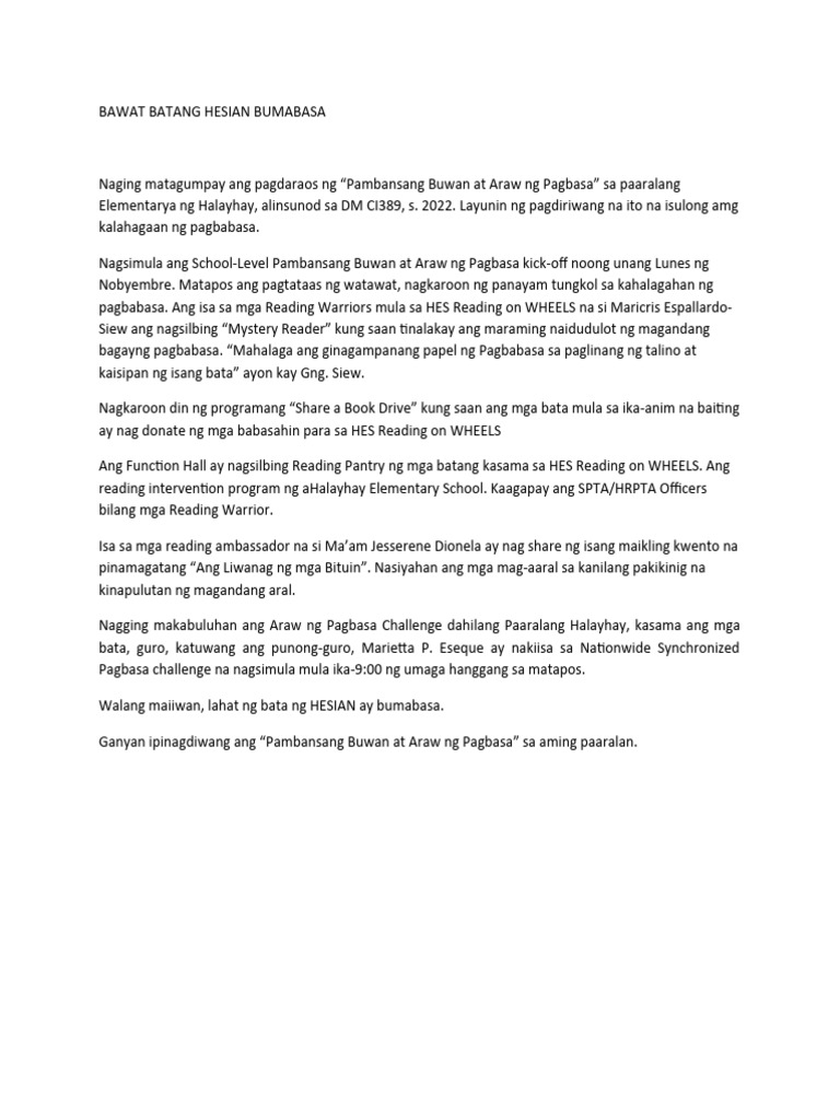 Pambansang Buwan at Araw NG Pagbasa - Newsletter | PDF