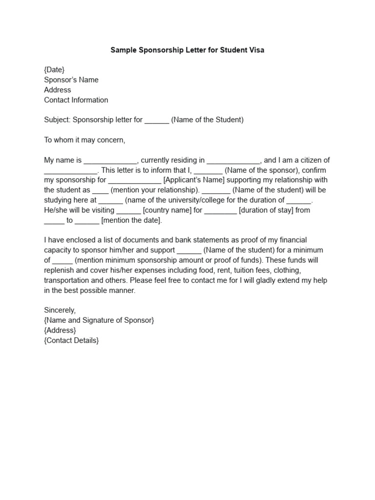 Student Visa Sponsorship Letter Sample | PDF