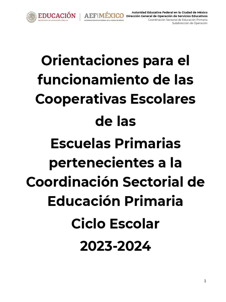 Orientaciones para El Funcionamiento de Las Cooperativas Escolares de La Coordinación Sectorial ...