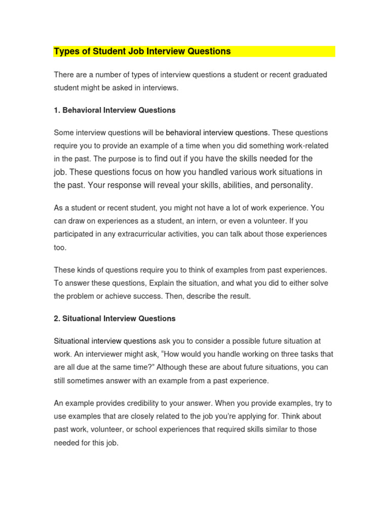Student Job Interview Question Types | PDF | Job Interview | Experience