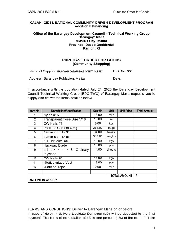CBPM 2021 Form B-11 - Purchase Order For Goods | PDF | Economies | Business
