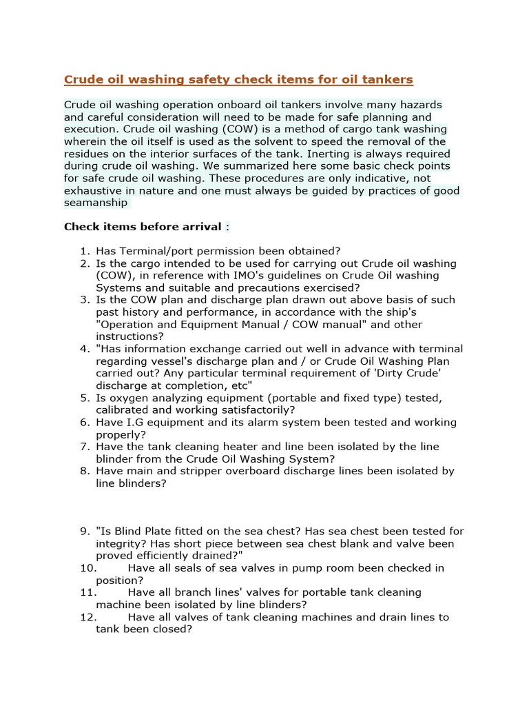 Cow Checklist | PDF | Oil Tanker | Valve