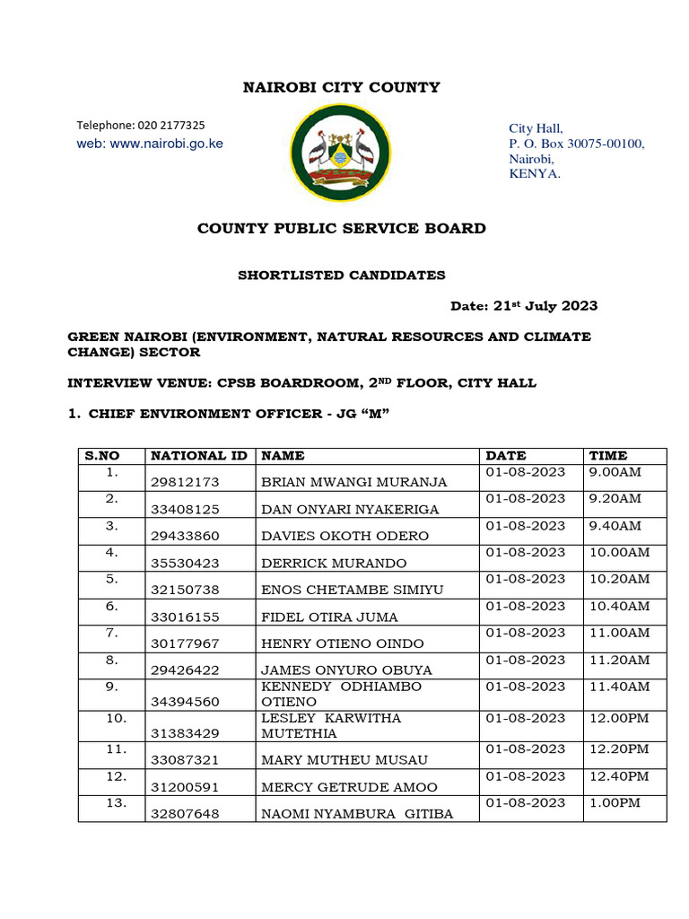 Nairobi City County: Web: WWW - Nairobi.go - Ke City Hall, P. O. Box ...