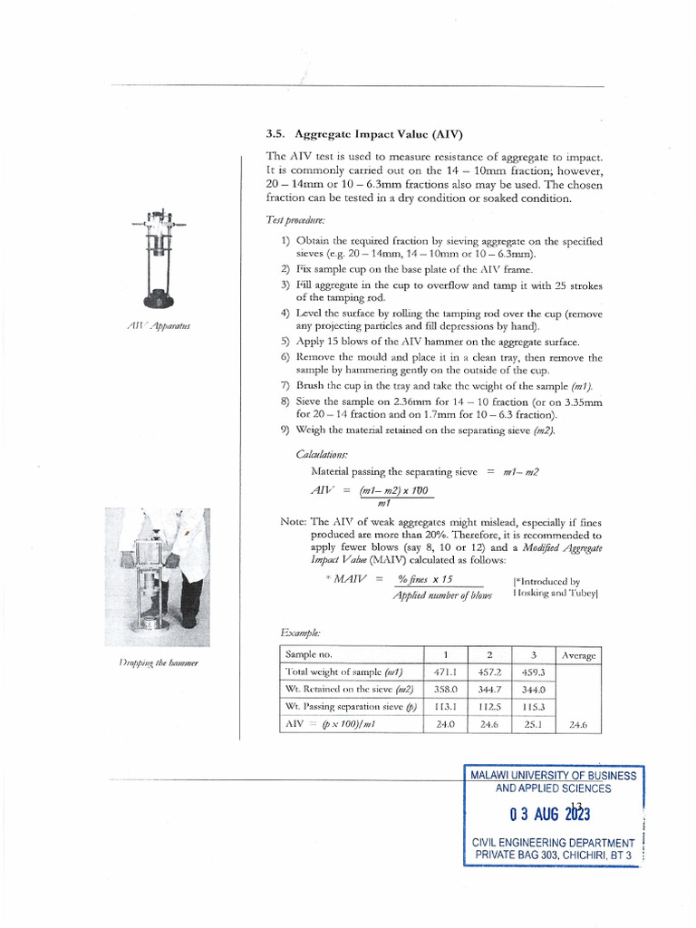 Aggregate Impact Value (AIV) Test Procedure | PDF