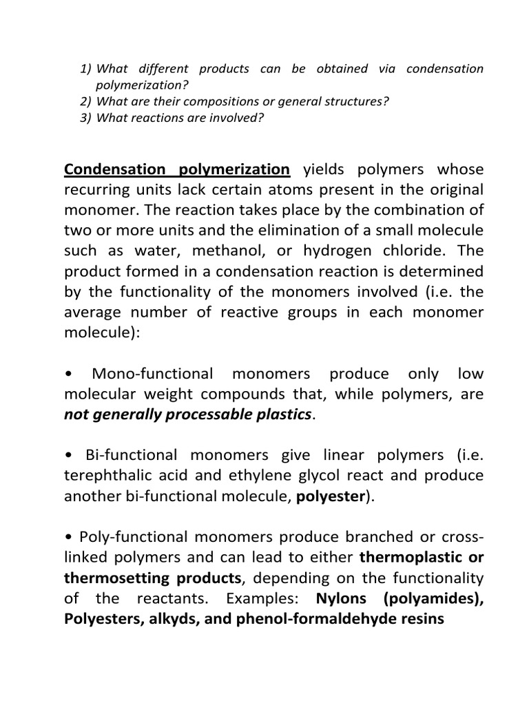 Condensation Polymerization Products | PDF | Polyester | Polymerization