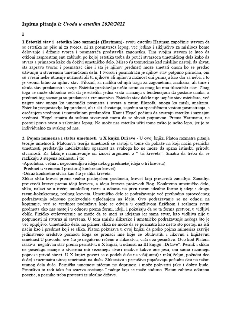 Skripta - Ispitna Pitanja - Uvod U Estetiku | PDF
