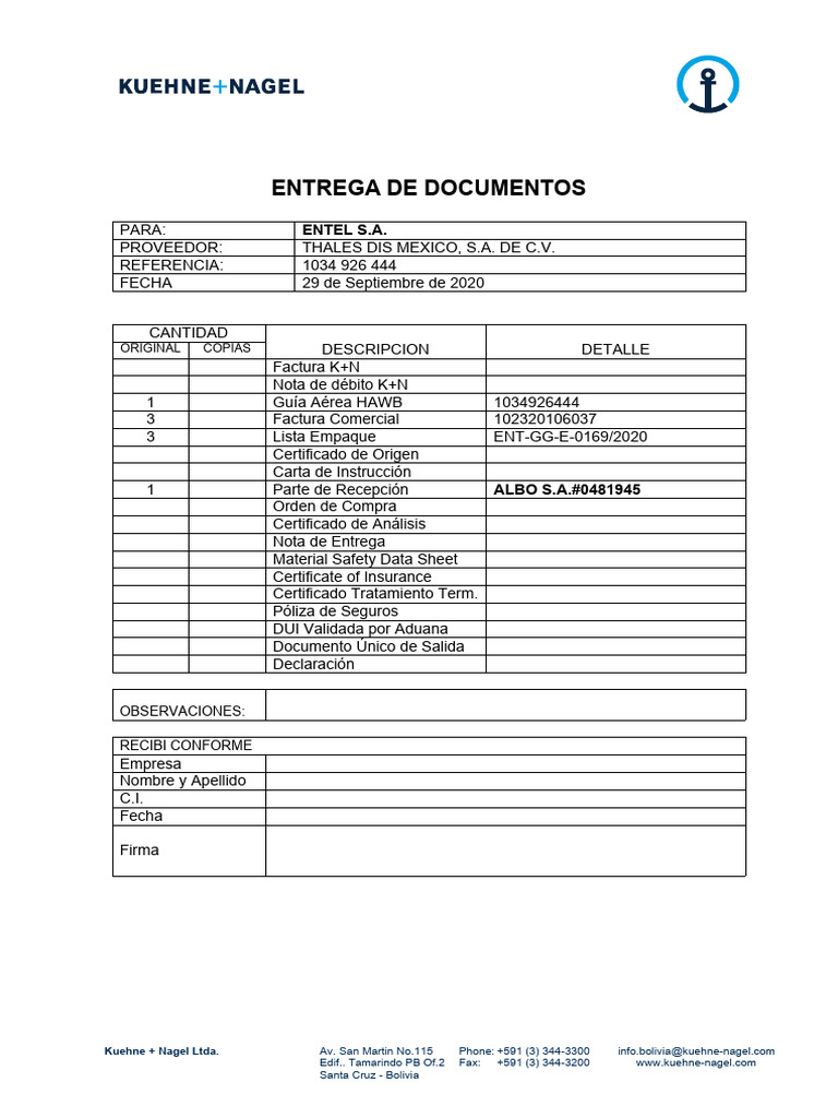Entrega de Documentos: Entel S.A | PDF