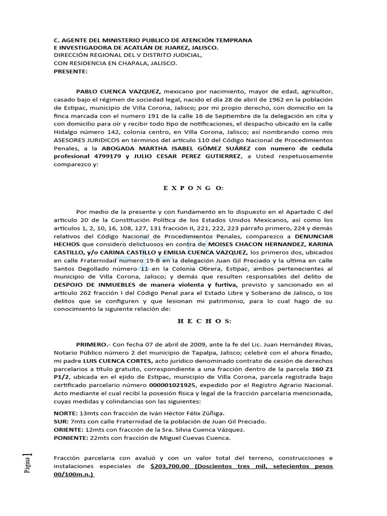 Denuncia Despojo de Inmuebles | PDF | Justicia | Crimen y violencia