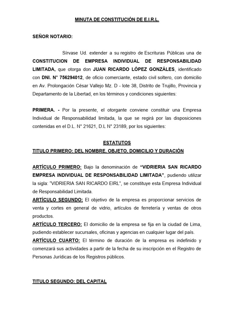 Minuta de Constitución de Empresa | PDF