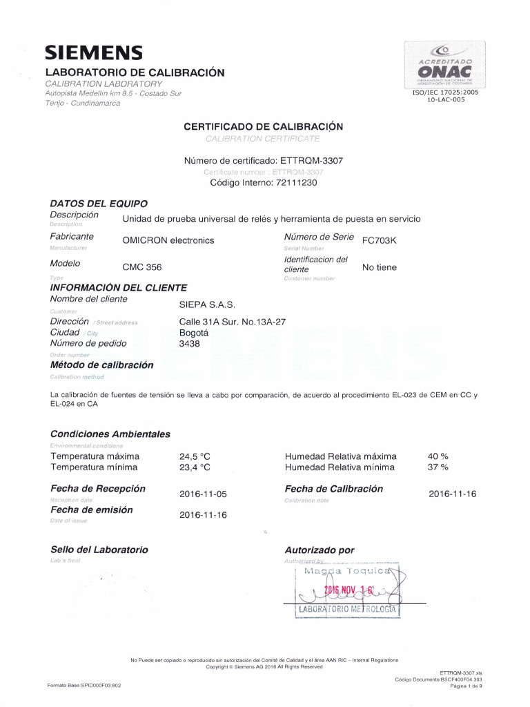 Certificado Calibración CMC 356 | PDF | Metrología