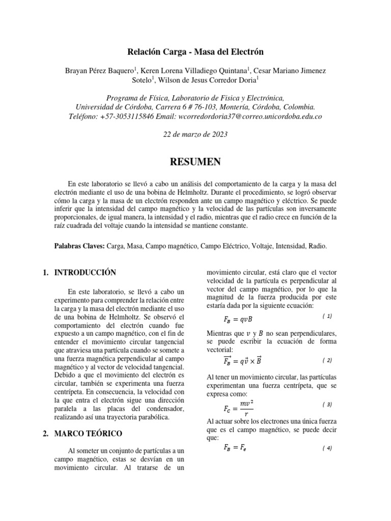 Relación Carga - Masa Del Electrón | PDF | Electrón | Corriente eléctrica