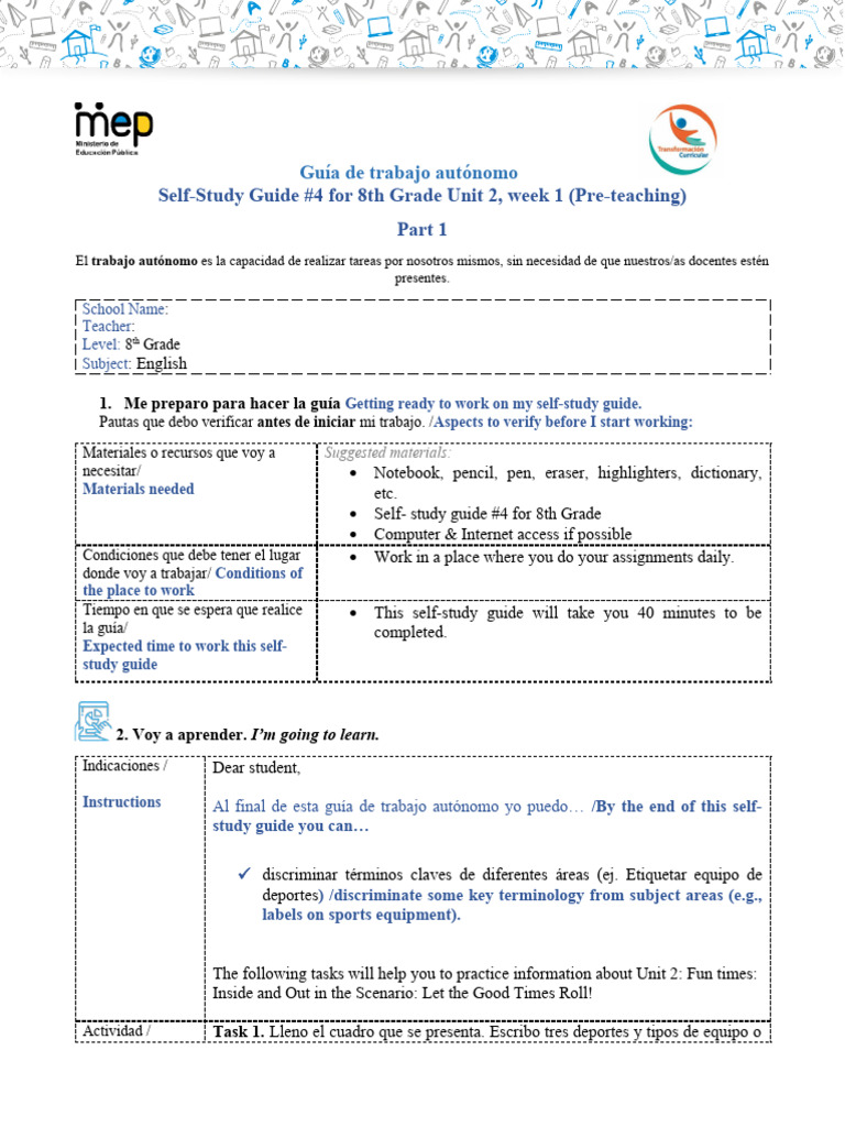 Self Study Guide For 8th Grade 4 Unit 2 Week 1 Part 1 | PDF