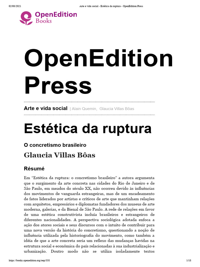 VILLAS BOAS - Arte e Vida Social - Estética Da Ruptura - OpenEdition Press | PDF