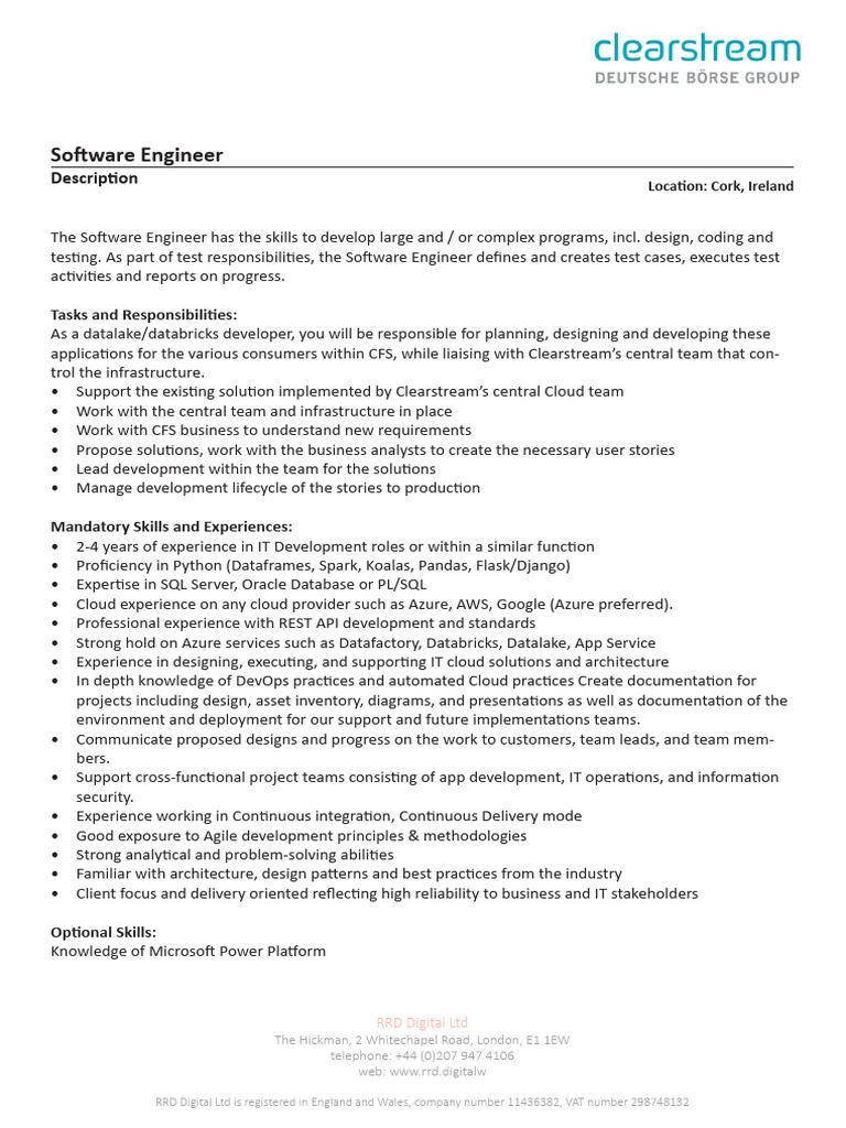 Software Engineer - Clearstream - Job Description | PDF | Computers ...