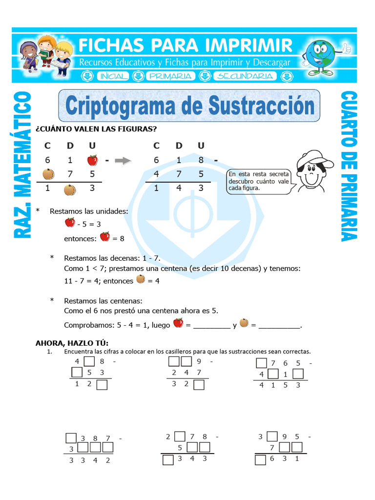 Criptograma-de-Sustracción-para-Cuarto-de-Primaria | PDF