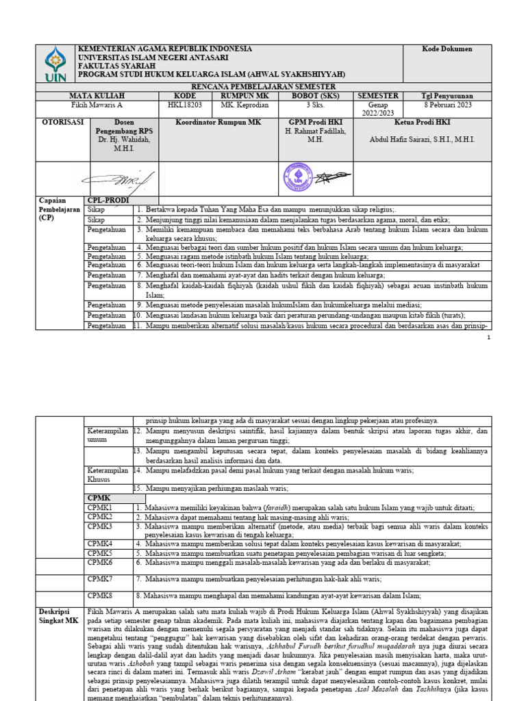 Rps Fikih Mawaris A | PDF | Agama & Spiritualitas