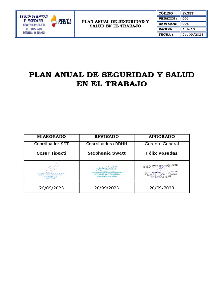 Plan Anual de SST - Pacifico | PDF