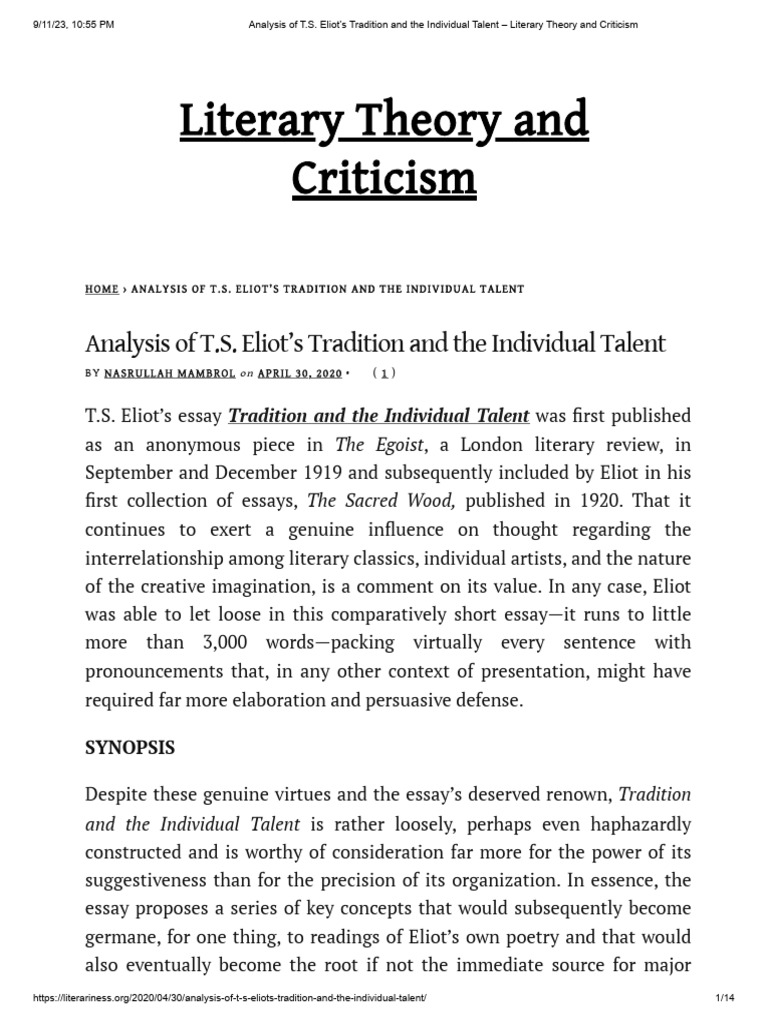 Tradition and Individual Talent | PDF | General Fiction