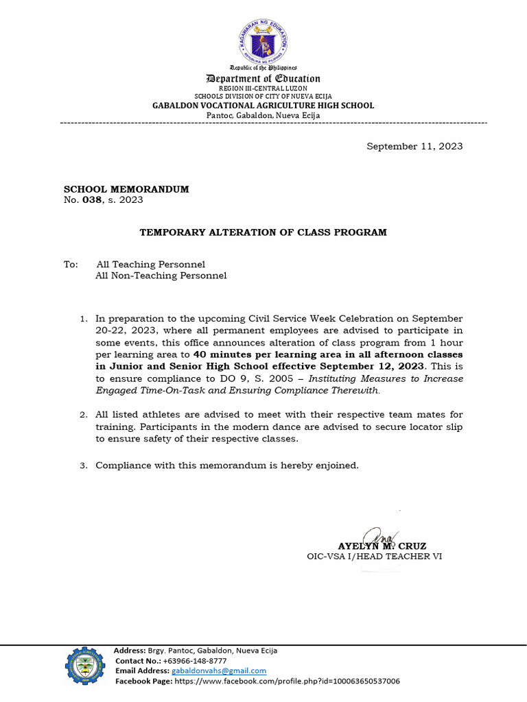 School Memorandum No. 38 SHorten Period | PDF