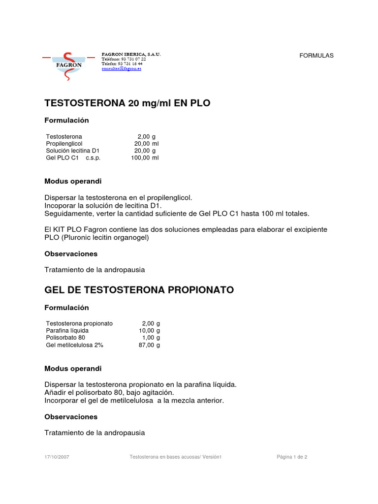 Formulaciones Magistrales Testosterona Tópica | PDF