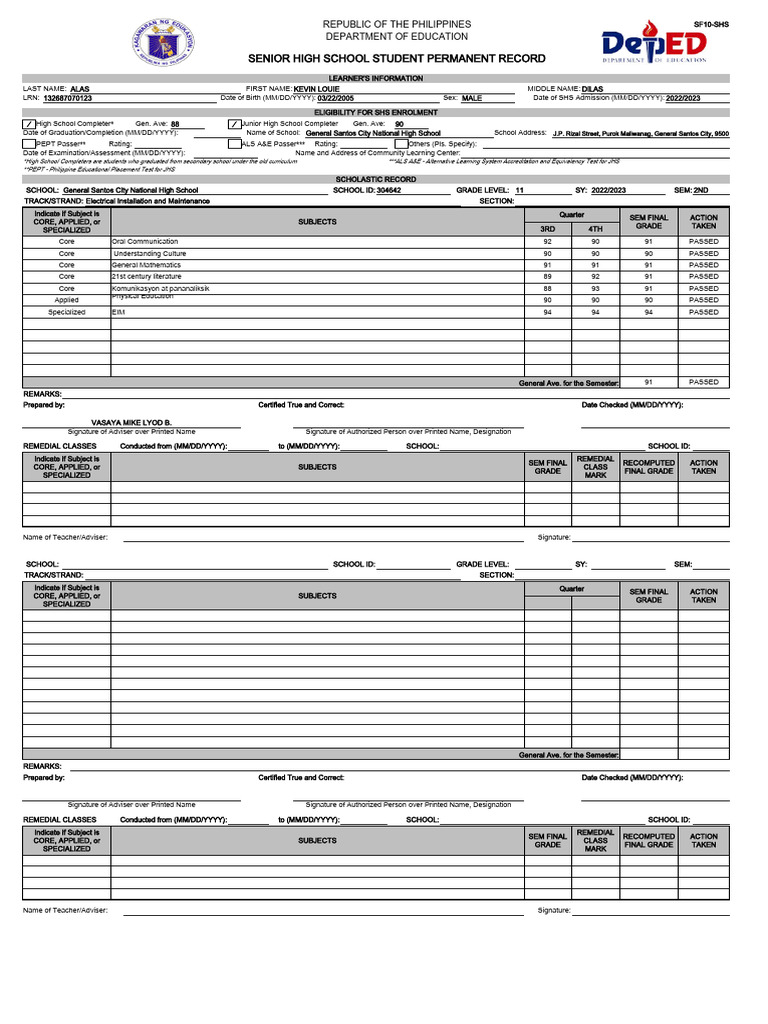 SF 10 SHS Senior High School Student Permanent Record | PDF