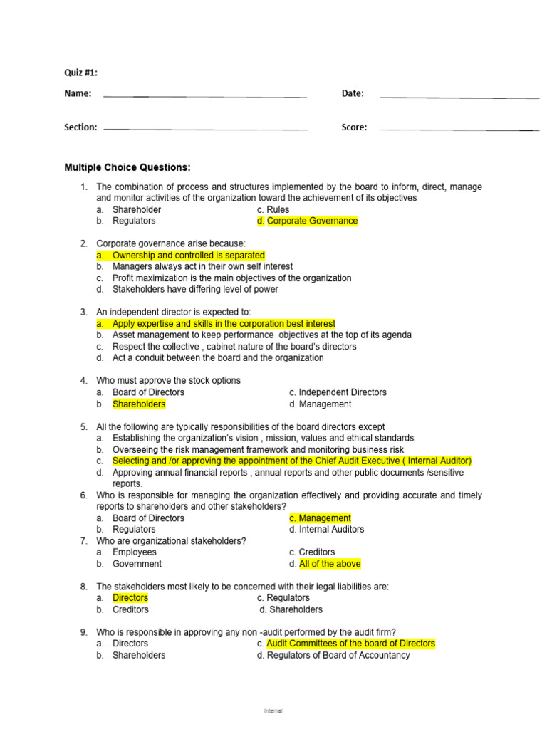 Quiz-1-Corporate-Governance | PDF | Audit | Corporate Governance