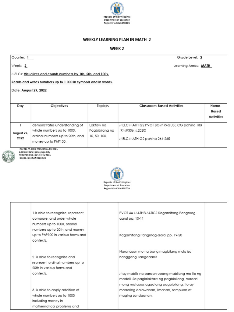 WLP Math Week 2 | PDF