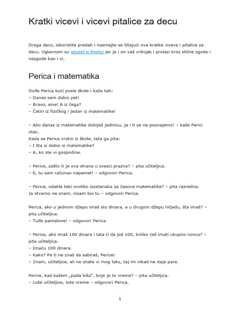 Kratki Vicevi I Vicevi Pitalice Za Decu | PDF