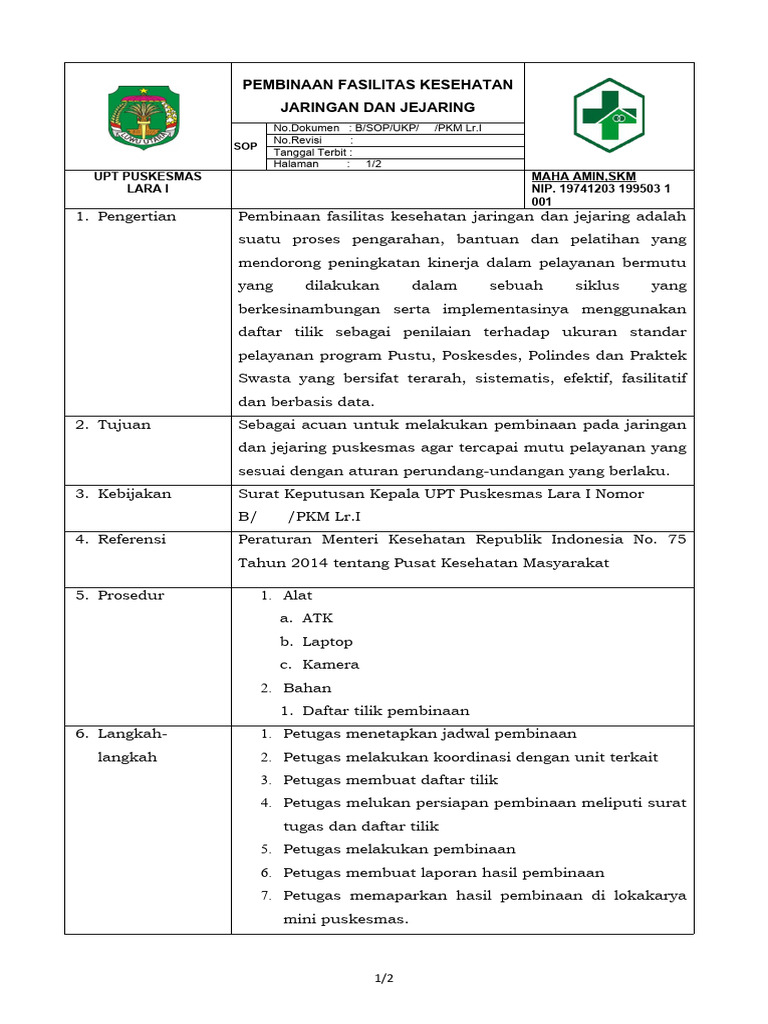 1.2.3 C Sop Supervisi Jaringan Dan Jejaring Puskesmas | PDF