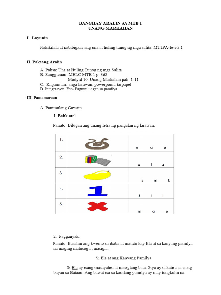 MTB 1 - Una at Huling Tunog NG Mga Salita | PDF | Language Arts & Discipline