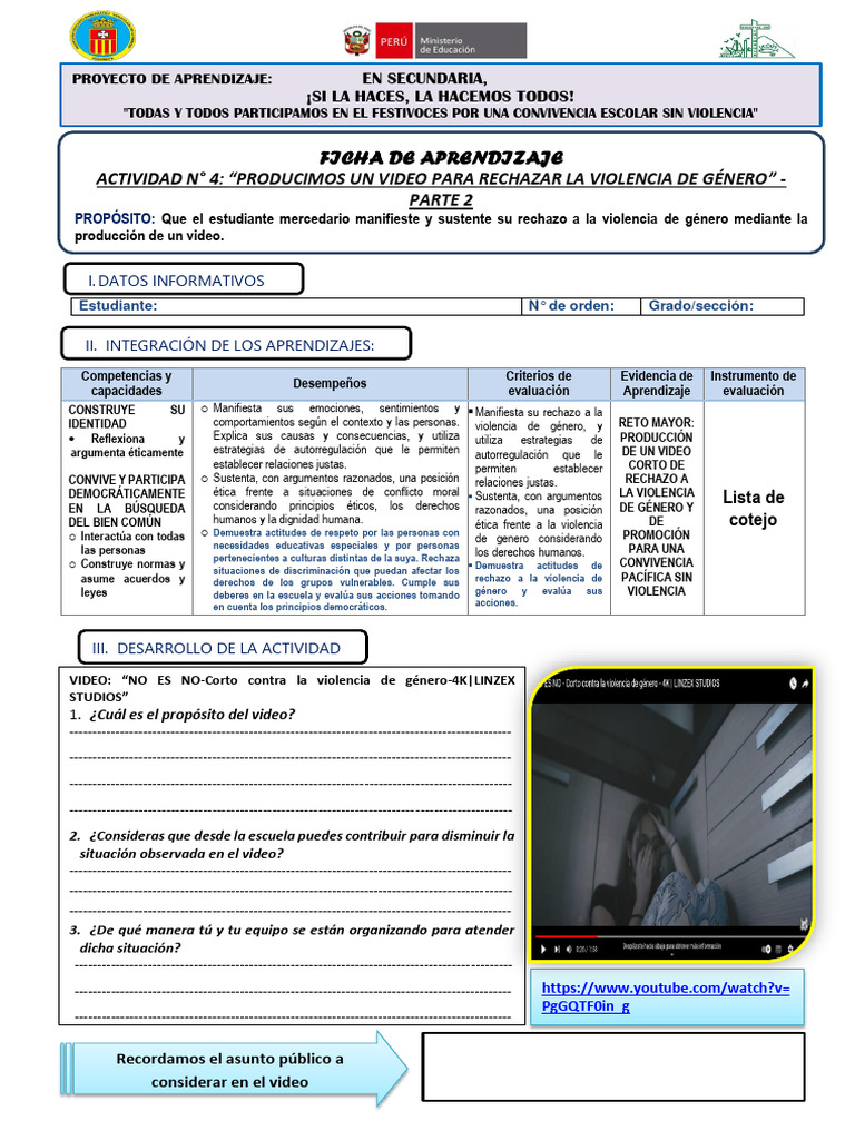 Eda 3 - 5°-Semana 28 Ficha de Aprendizaje y Reforzamiento DPCC | PDF | Aprendizaje | Violencia