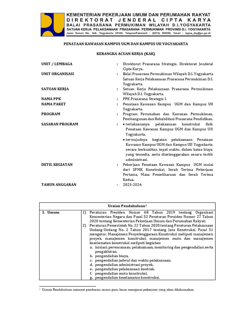 KAK Penataan Kawasan UGM Dan Kawasan UII Yogyakarta 10 07 23 | PDF