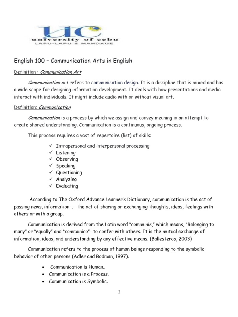 English 100 Unit 1 Communication Arts | PDF | Communication | Perception