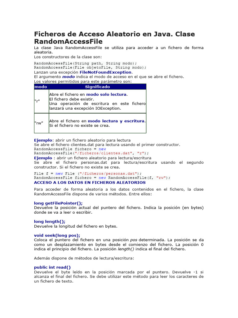 Ficheros de Acceso Aleatorio en Java | PDF
