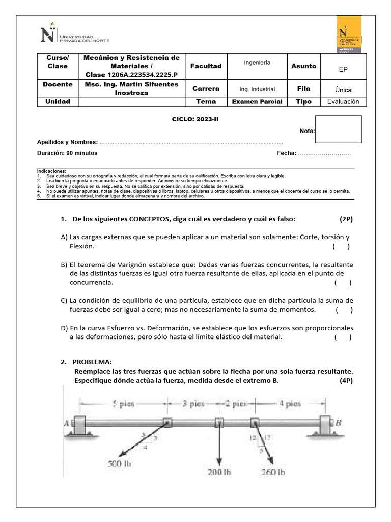 Examen Parcial Mec. y R.M. 2023-Ii | PDF | Viga (Estructura) | Resistencia de materiales