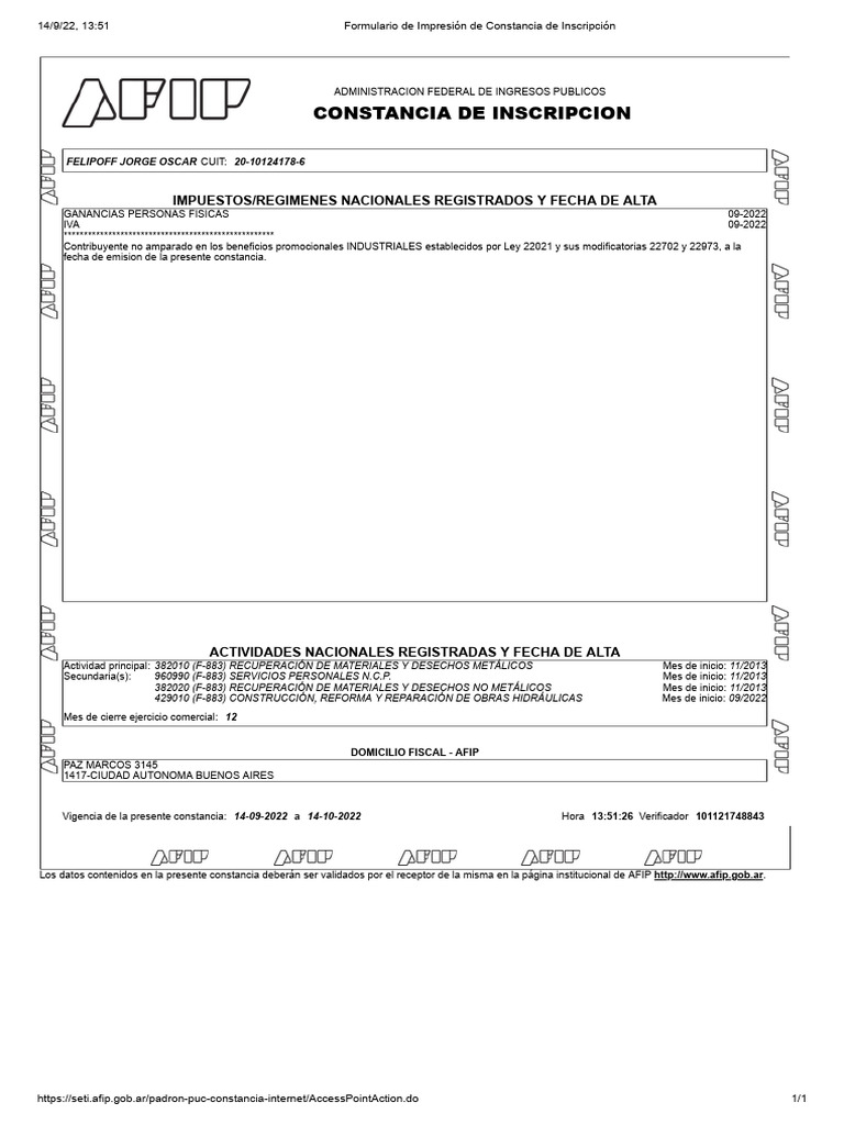 2022-09 Constancia de Inscripcion AFIP | PDF