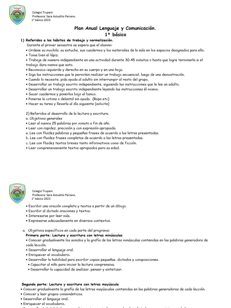 Plan Anual de Lenguaje 1° Básico 2023 | PDF | Estudios de idiomas ...