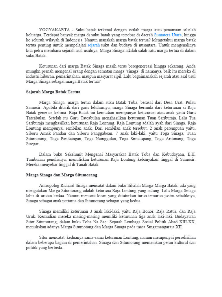 Sejarah Marga Sinaga Batak Tertua | PDF