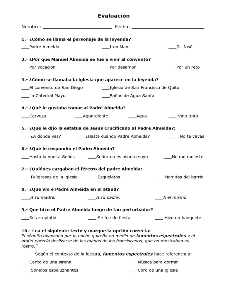 Evaluación - LEYENDA - EL PADRE ALMEIDA | PDF
