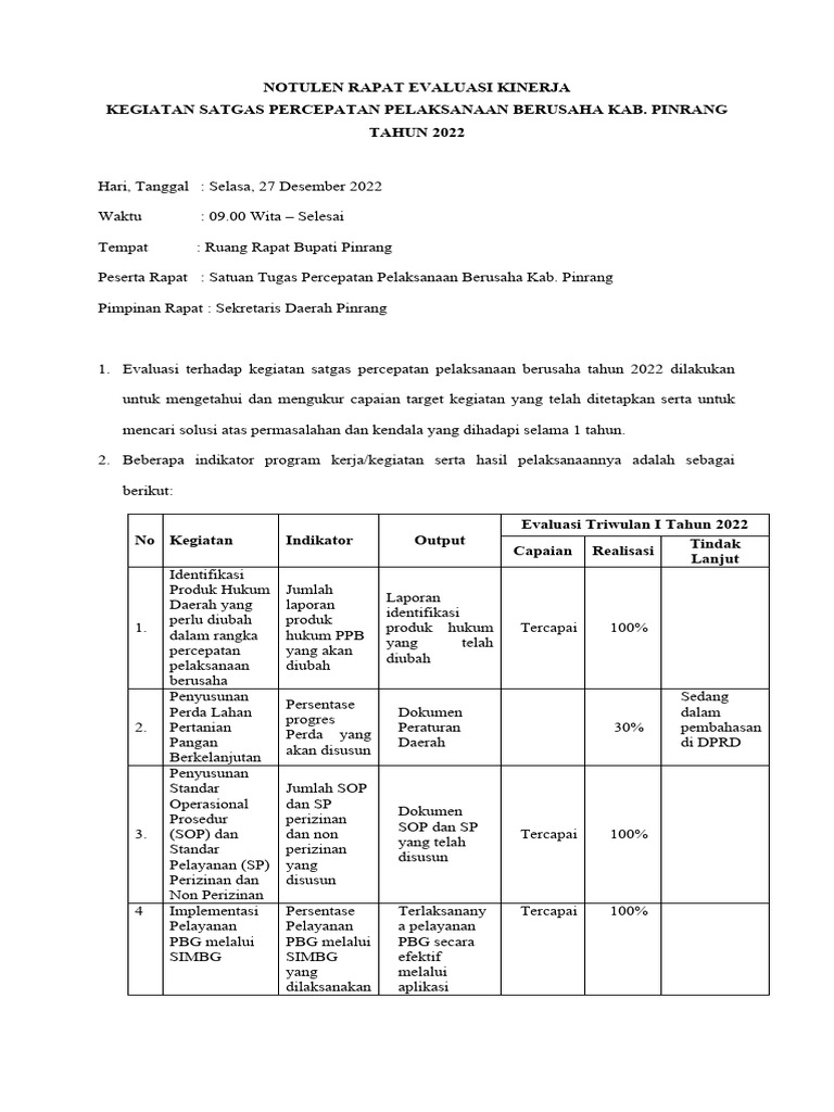 Notulen Rapat Evaluasi Hasil Kinerja PPB | PDF
