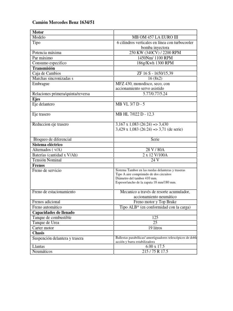 Especificaciones Camión Mercedes 1634/51 | PDF