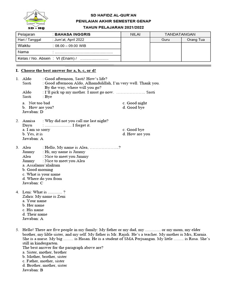 Soal Bahasa Inggris Kelas 6 SD | PDF | Indonesia