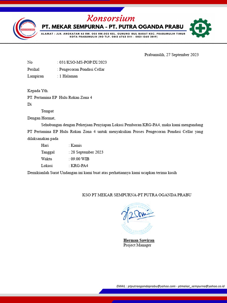 Surat Undangan Pengecoran Pondasi Cellar KRG-PA4 | PDF