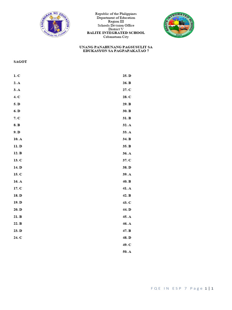 Answer Key First Qe in AP 92018-2019 | PDF