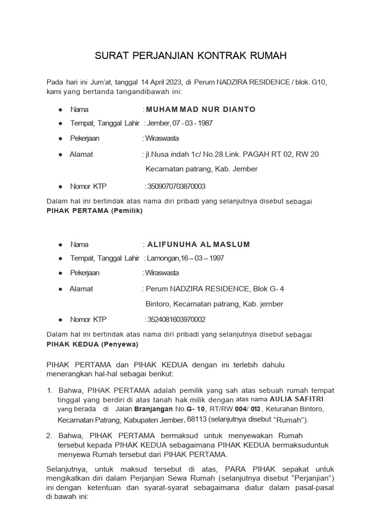 SURAT PERJANJIAN KONTRAK RUMAH - Docx | PDF