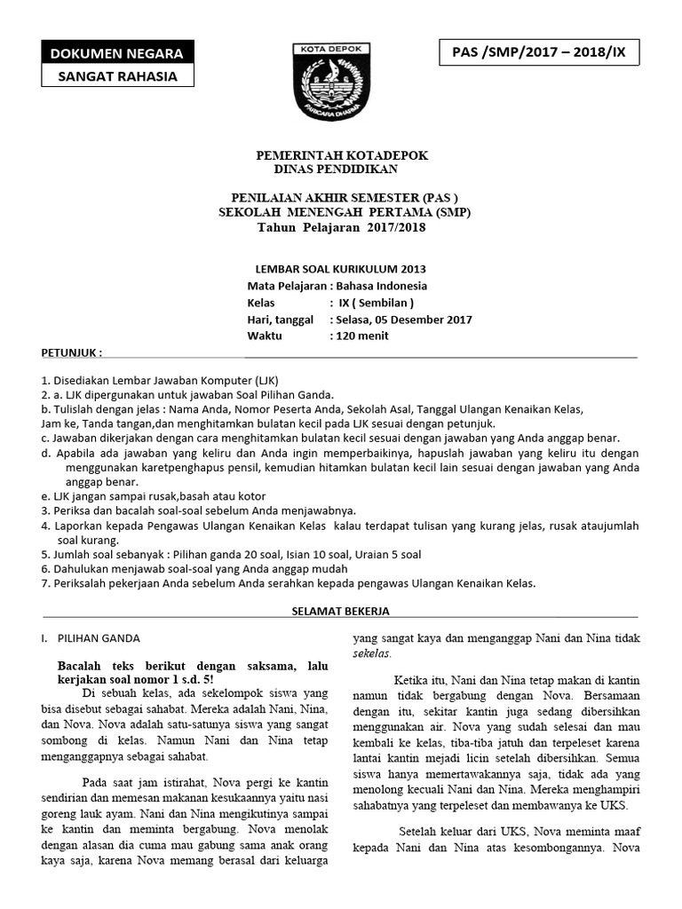 SOAL PAS BINDO Kls 9 K13 SMTR 1 2017 Revisi | PDF