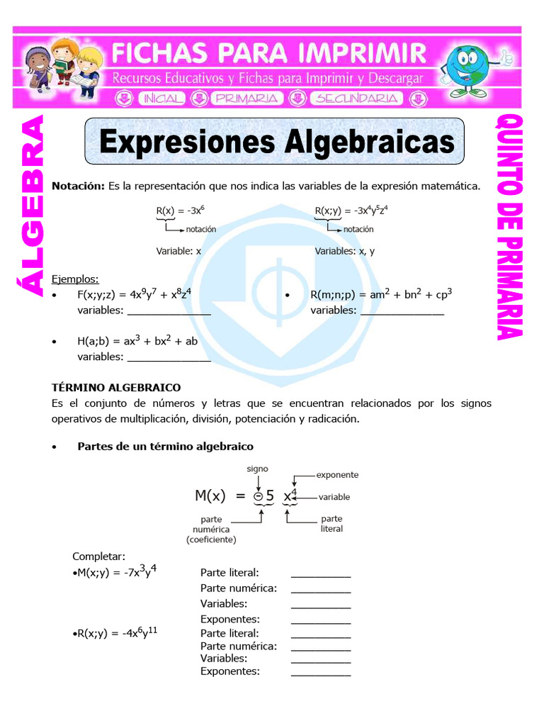 Expresiones Algebraicas para Quinto de Primaria | PDF | Multiplicación | Exponenciación