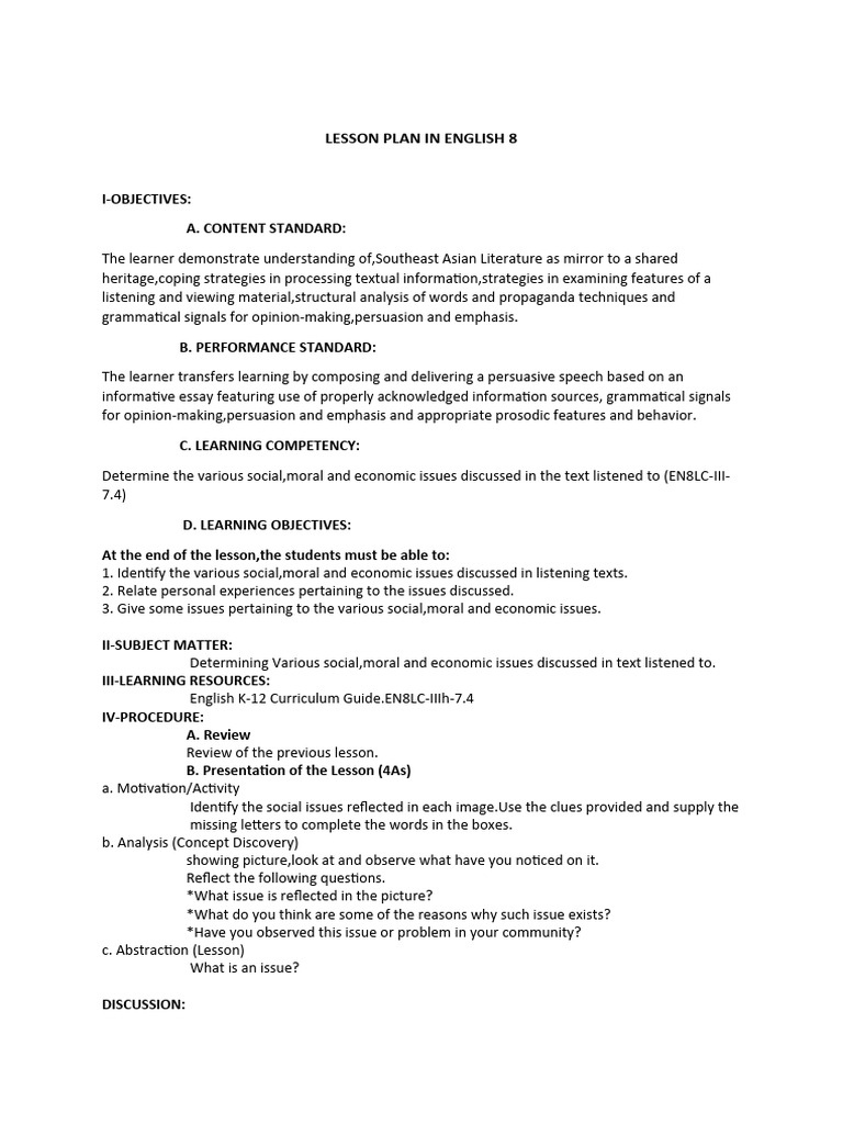 Lesson Plan in English 8 | PDF
