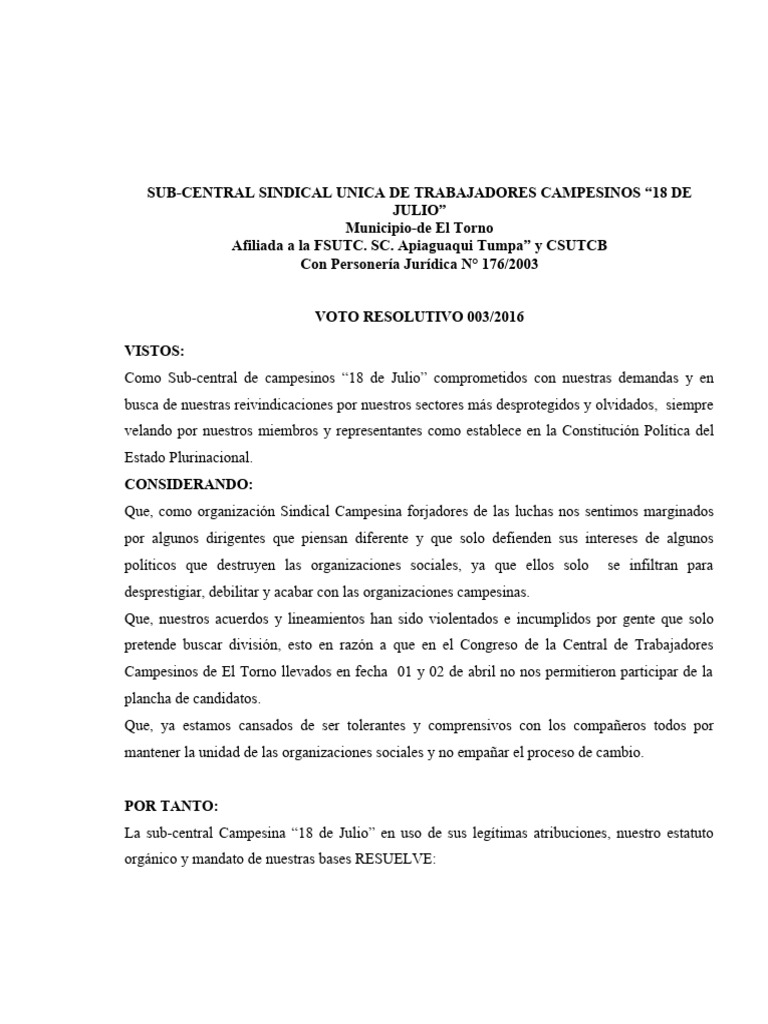 Voto Resolutivo de la Sub-central 18 de Julio | PDF | Gobierno