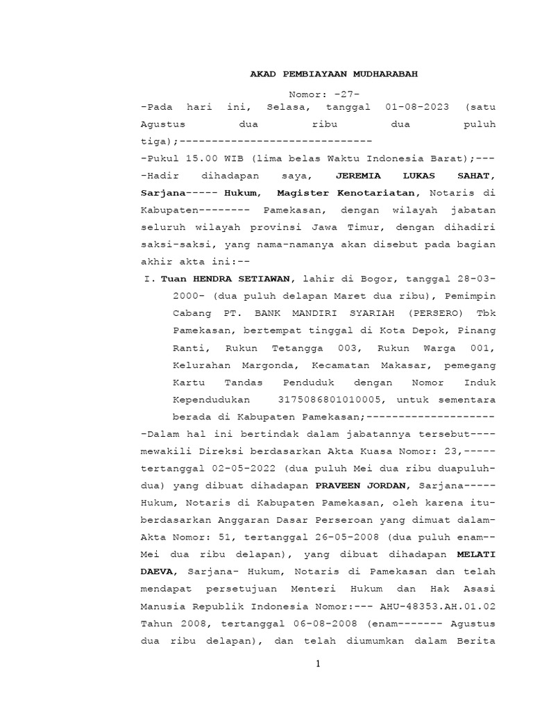 Contoh AKAD PEMBIAYAAN MUDHARABAH | PDF